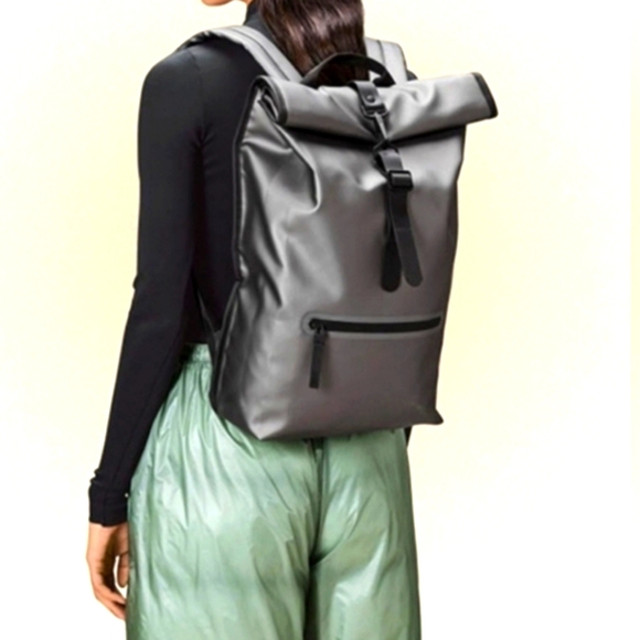 Rains | Bags | Nwt Rains Rolltop Rucksack Metallic Grey Waterproof ...